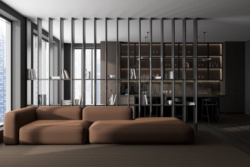 Stylish Studio Interior with Relaxing and Eating Area, Panoramic Window ...