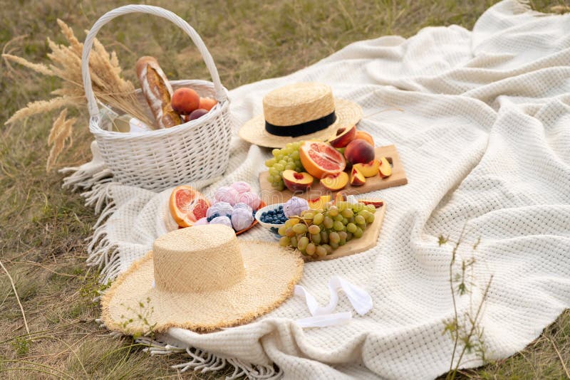 Stylish Summer Picnic on a White Blanket Stock Photo - Image of grape ...