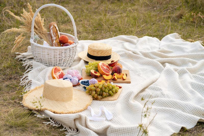 Stylish Summer Picnic on a White Blanket Stock Photo - Image of healthy ...