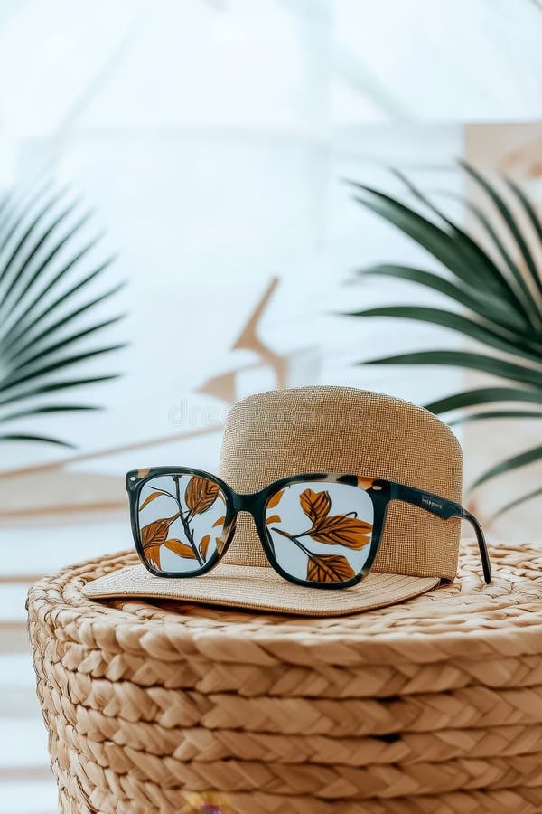 Stylish Sunglasses with Tortoise Shell Frames Resting on Woven Sun Hat ...