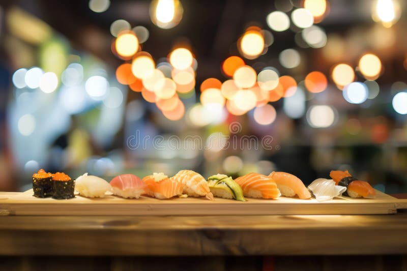 Stylish Sushi Bar with a Blurred Backdrop and Traditional Japanese ...