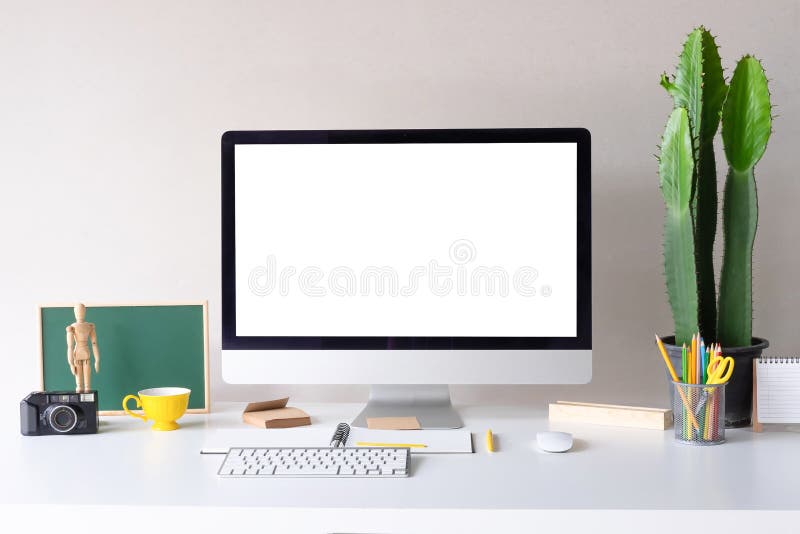 Stylish Table Mockup Pc Computer on White Office Desk and Design Stock ...