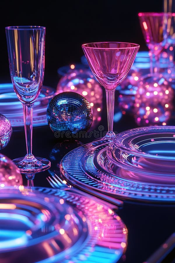A Stylish Table Setting Features Chrome-plated Plates and Neon Pink ...