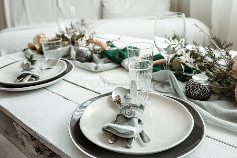 Stylish Table Setting for Two with Decor Details Stock Photo - Image of ...