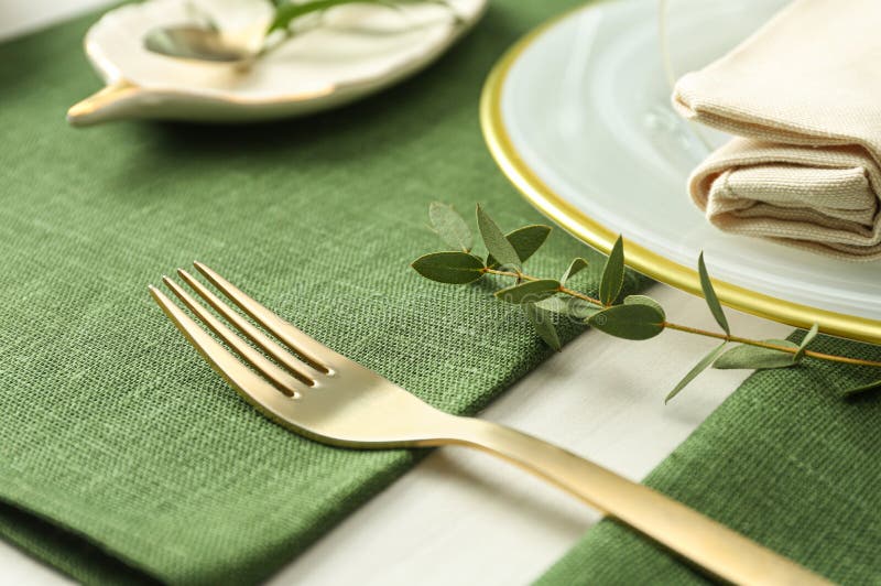 Stylish Tableware with Leaves on Table. Festive Setting Stock Photo ...
