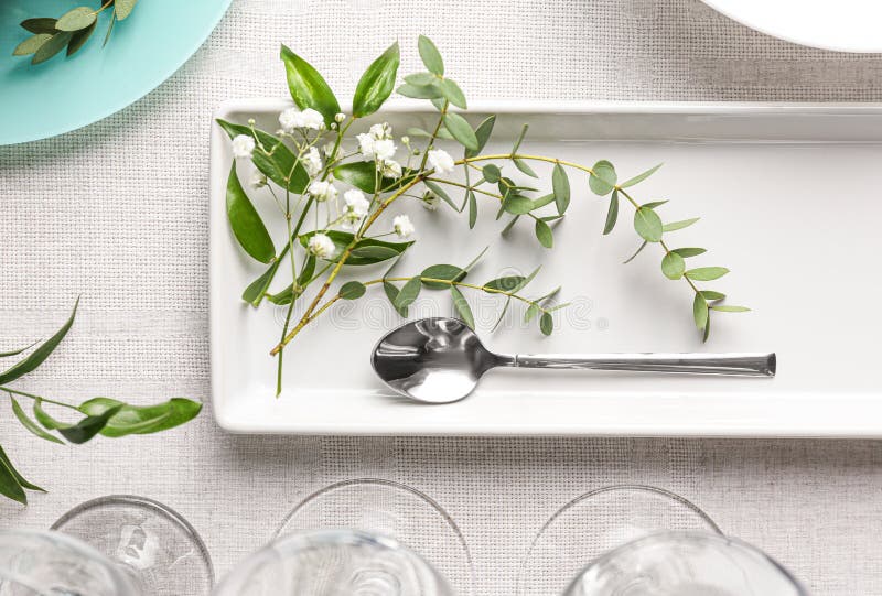 Stylish Tableware with Leaves on Table, Flat Lay. Festive Setting Stock ...