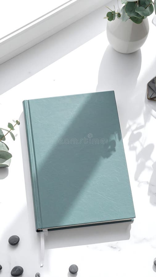 Stylish Teal Book on a Bright White Marble Surface with Soft Shadows ...
