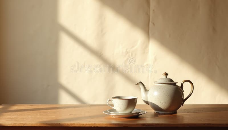 Stylish Teapot and Cup on a Wooden Table with Soft Light and Shadow ...
