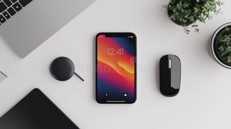 Stylish Tech Flat Lay with Smartphone, Mouse, and Plants on a Work Desk ...