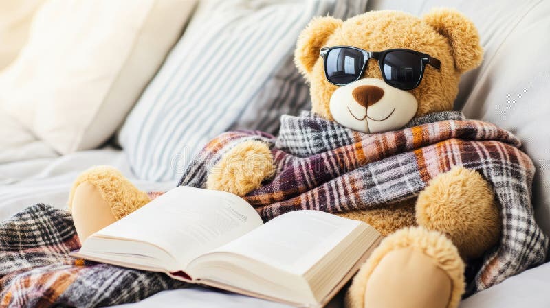 Teddy Bear Wearing Sunglasses while Reading in Bed Stock Image - Image ...