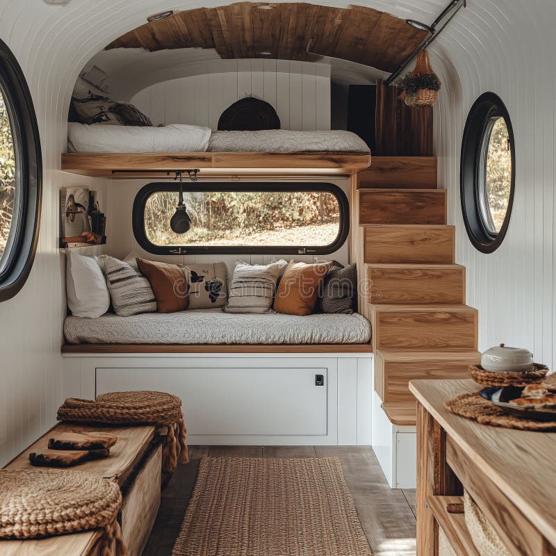 Stylish Tiny House Interior with Loft Bed and Curved Windows Stock ...