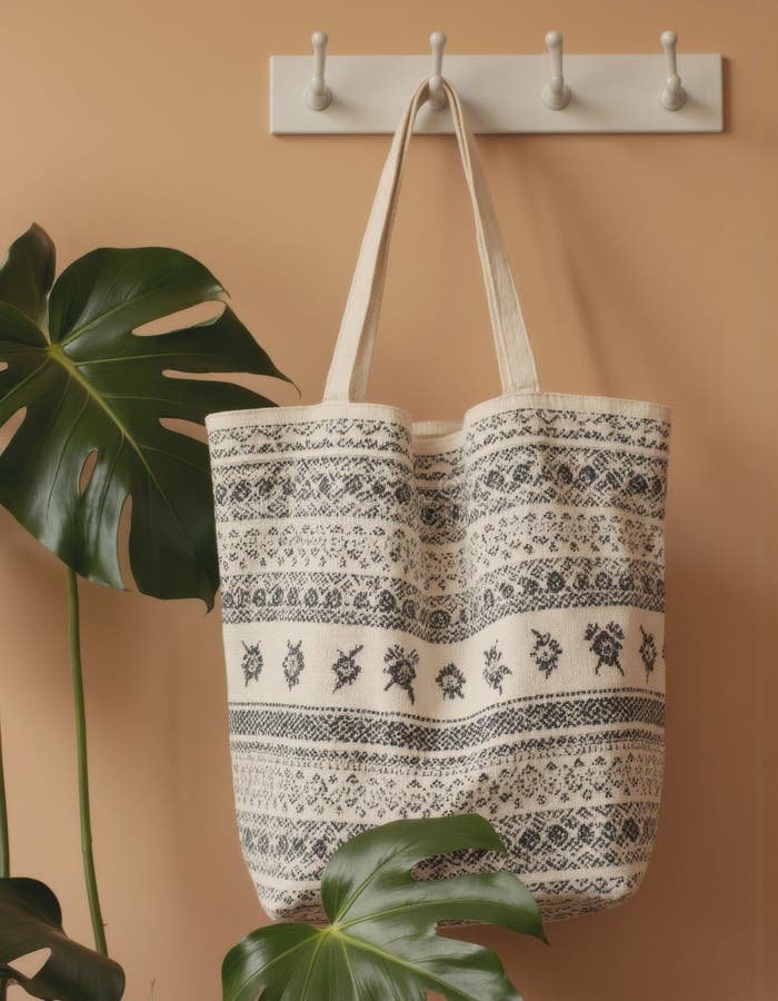 Stylish Tote Bag with Intricate Patterns Hanging on a Wall Stock Photo ...