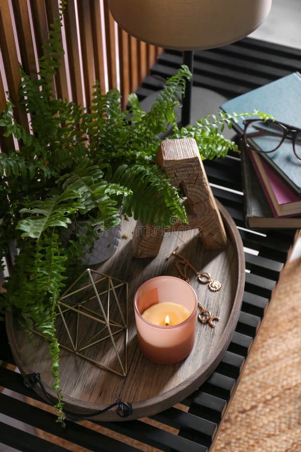 Stylish Tray with Different Interior Elements on Wooden Shelf Indoors ...