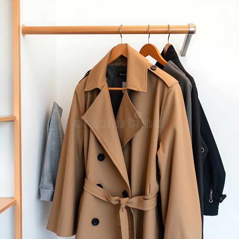 A Stylish Trench Coat Hanging on a Rack in a Minimalist Wardrobe Stock ...