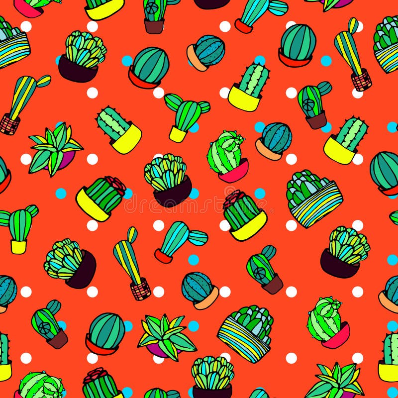 Colorful and Fun Hand Drawn Cactus Retro Style Seamless Pattern Vector ...
