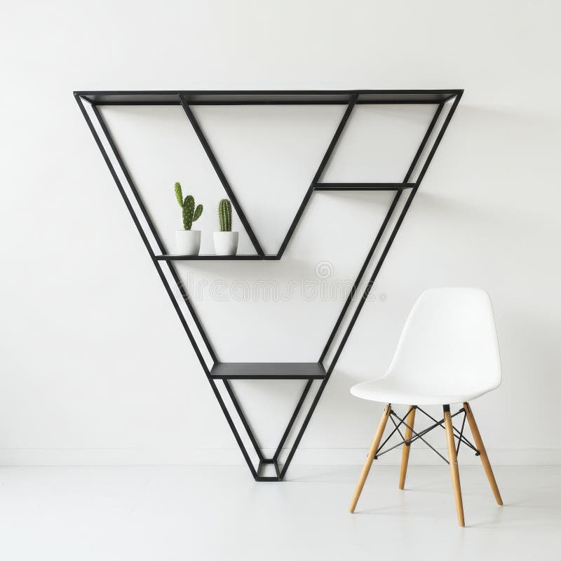 Stylish Triangular Wall Shelf with Cacti and a Minimalist White Chair Stock Illustration ...