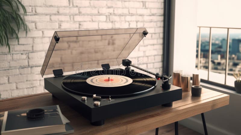 Stylish Turntable with Vinyl Record on Table. Generative AI Stock Photo ...