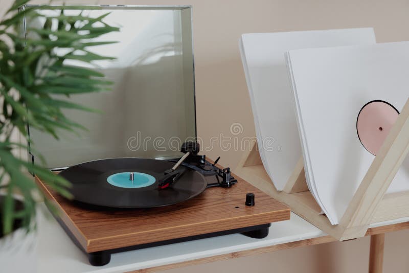 Stylish Turntable with Vinyl Record on White Table Indoors Stock Image ...