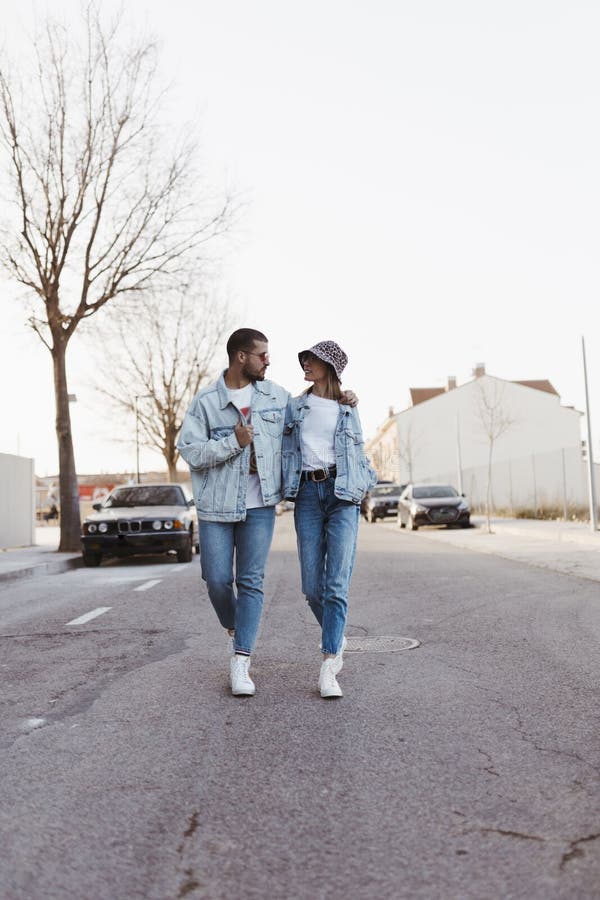Stylish Vintage Young Couple Walking on the Road Stock Photo - Image of ...