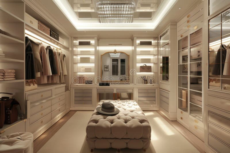 A Stylish Walk-in Closet with Elegant Bench and Chandelier. Perfect for ...
