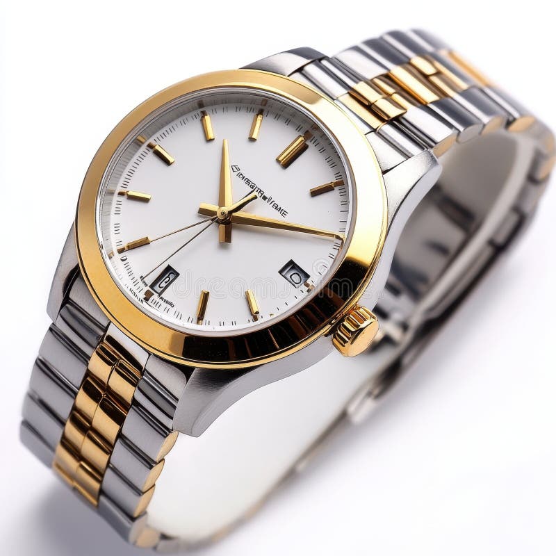 A Stylish Watch Featuring a White Dial and Gold Accents on a Silver and ...