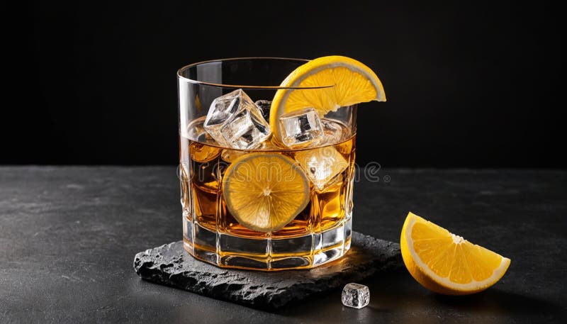 Stylish Whiskey on the Rocks with Citrus Twist Stock Illustration ...