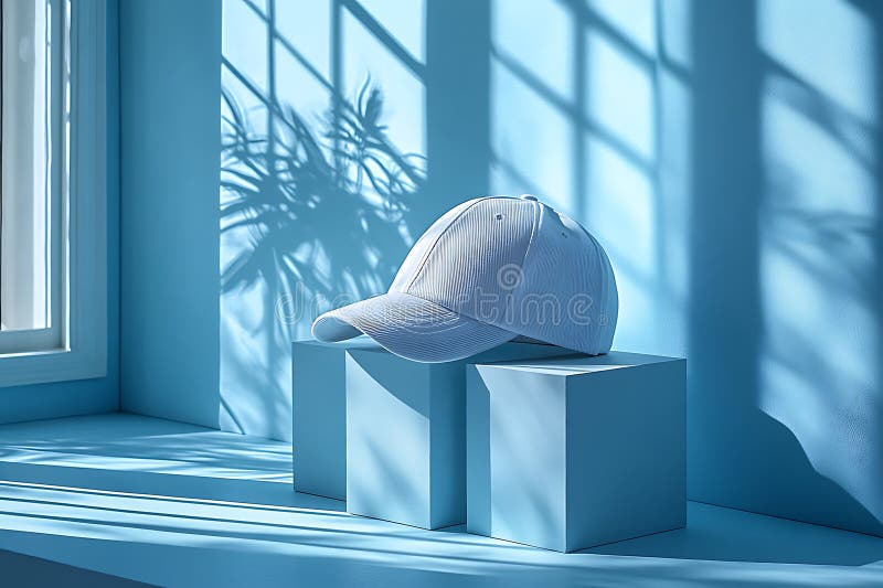 Stylish White Baseball Cap Presented on Geometric Cubes with Shadow ...