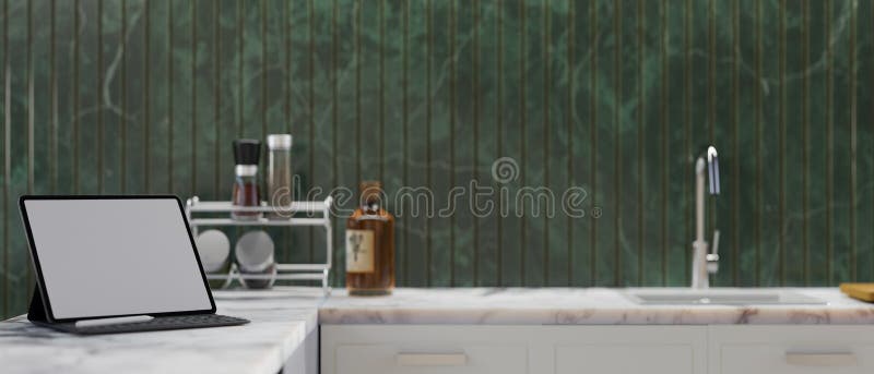 Stylish White Marble Kitchen Tabletop with Portable Tablet Mockup Over ...