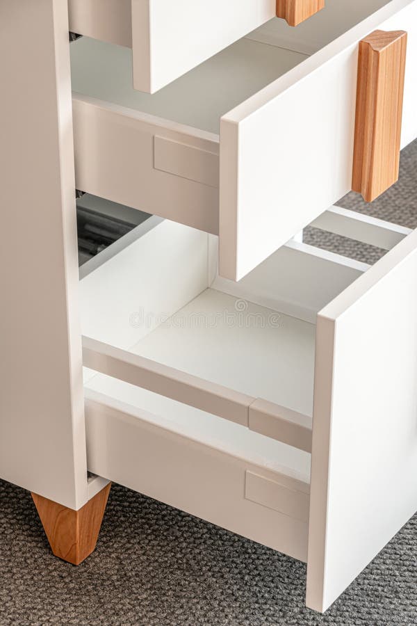 Stylish White Office Commode with Open Drawers Closeup Stock Photo ...