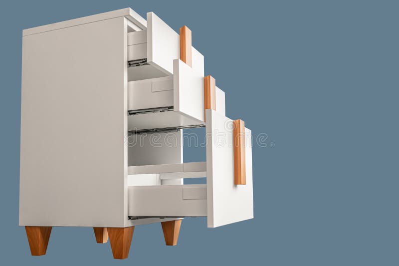 Stylish White Office Commode with Open Drawers on Blue Stock Photo ...