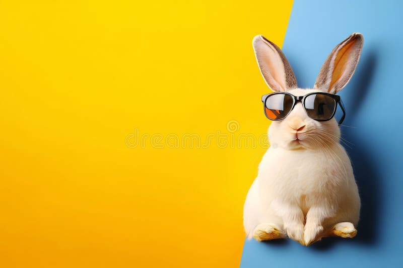 Stylish White Rabbit in Sunglasses Posing on Yellow and Blue Background ...