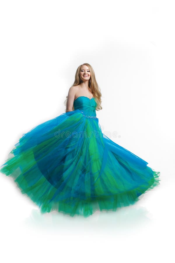 Fashion Model Dancing Blue Dress Flying Fabric, Woman Waving Gown Stock ...