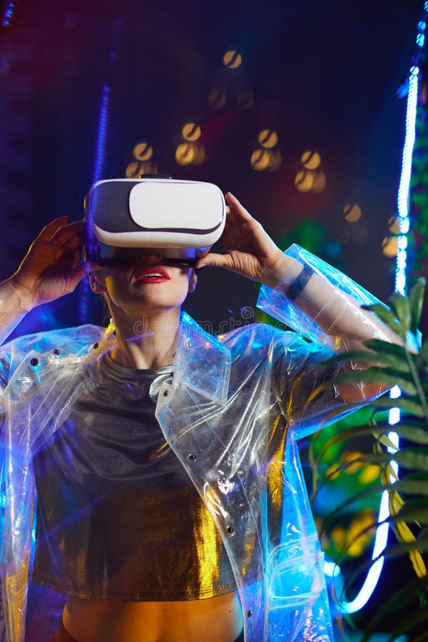 Stylish Woman in Metaverse in Vr Goggles Stock Photo - Image of future ...