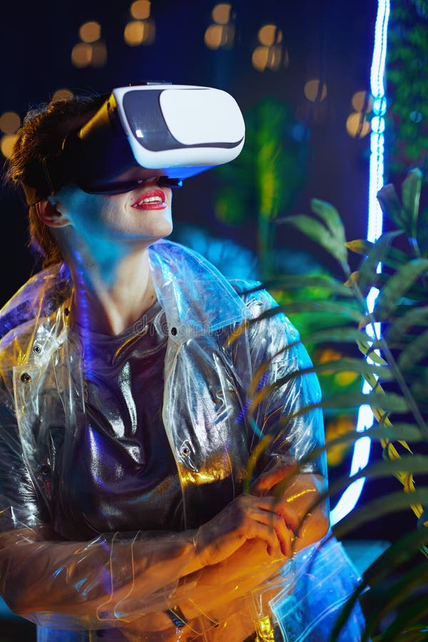 Stylish Woman in Metaverse in Vr Headset Stock Photo - Image of ...