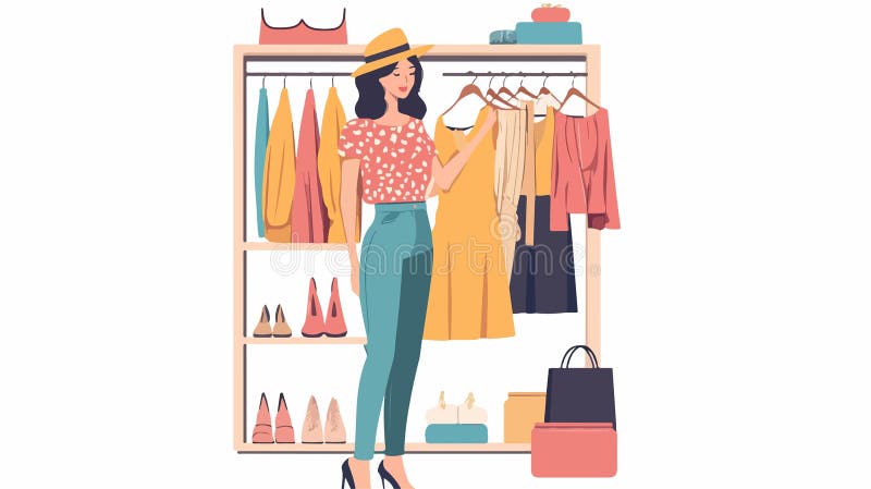 Stylish Woman Picking Out Attire in Wardrobe Stock Illustration ...