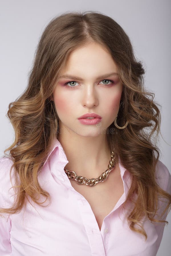 Stylish Woman in Pink Blouse with Massive Chainlet Stock Image - Image ...