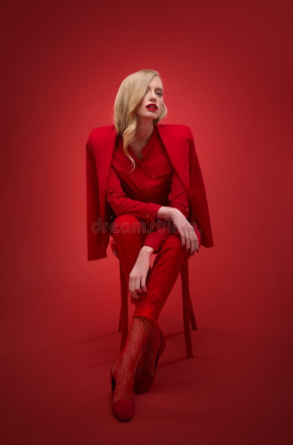 Stylish Woman in Red Suit in Studio Stock Image - Image of attractive ...