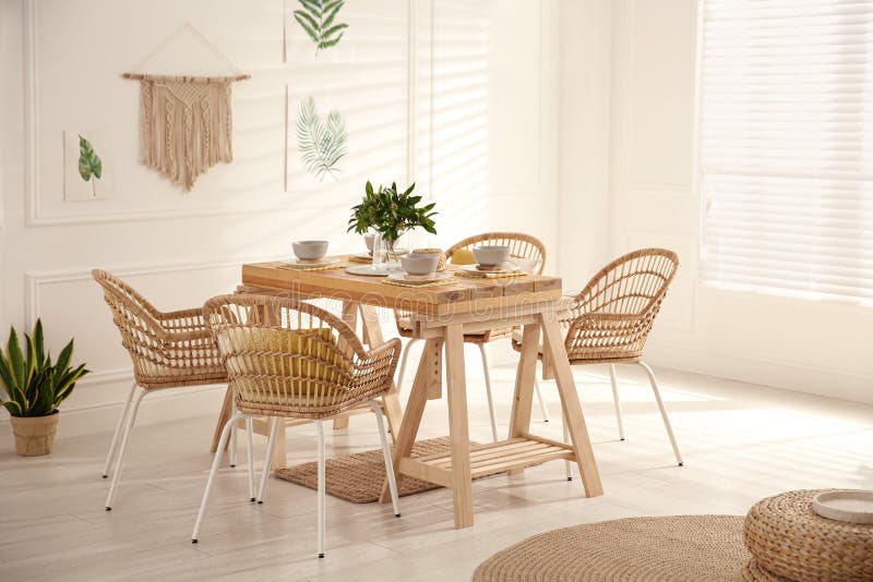 Stylish Wooden Dining Table and Chairs in Room. Interior Design Stock ...