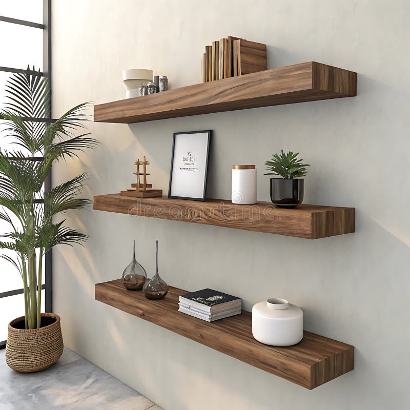 Stylish Wooden Floating Shelves with Decor in a Modern Room Stock ...