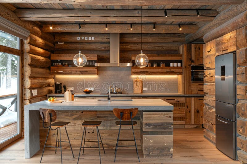 Stylish Wooden Log Cabin Kitchen, Interior Design Trends Stock Image ...