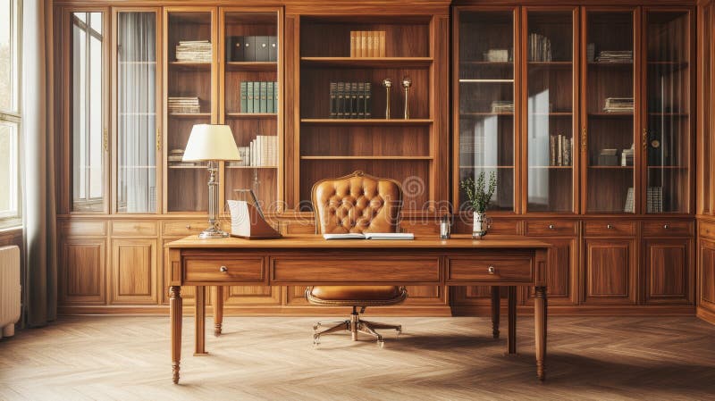 Stylish Wooden Office Space with Leather Chairs and Bookcases Stock ...