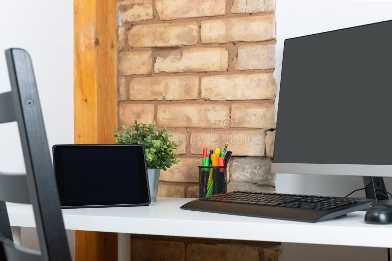 Stylish Workplace with Computer at Home Stock Photo - Image of interior ...