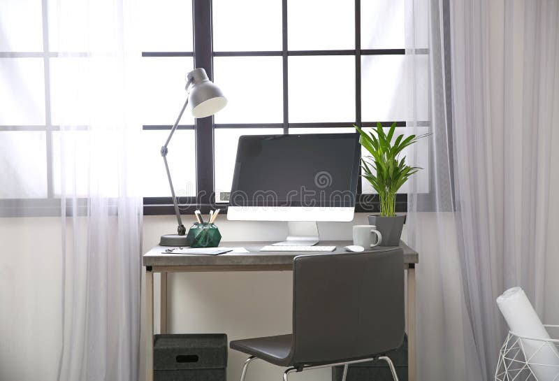 Stylish Workplace with Computer Near Window at Home Office. Stock Image ...
