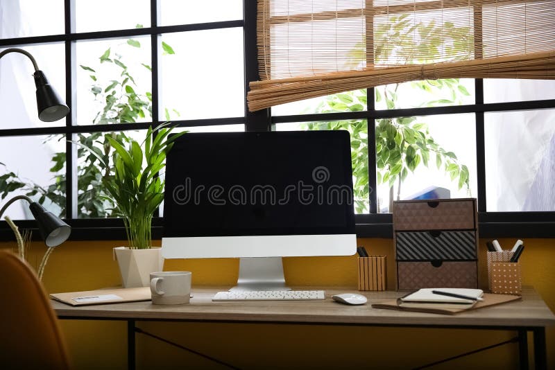 Stylish Workplace with Computer Near Window at Home Office Stock Photo ...