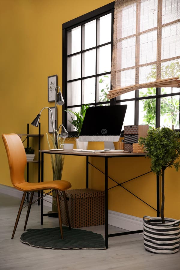 Stylish Workplace with Computer Near Window at Home Office. Stock Image ...