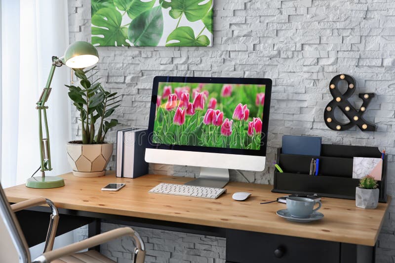 Stylish Workplace with Computer Stock Photo - Image of indoors, object ...