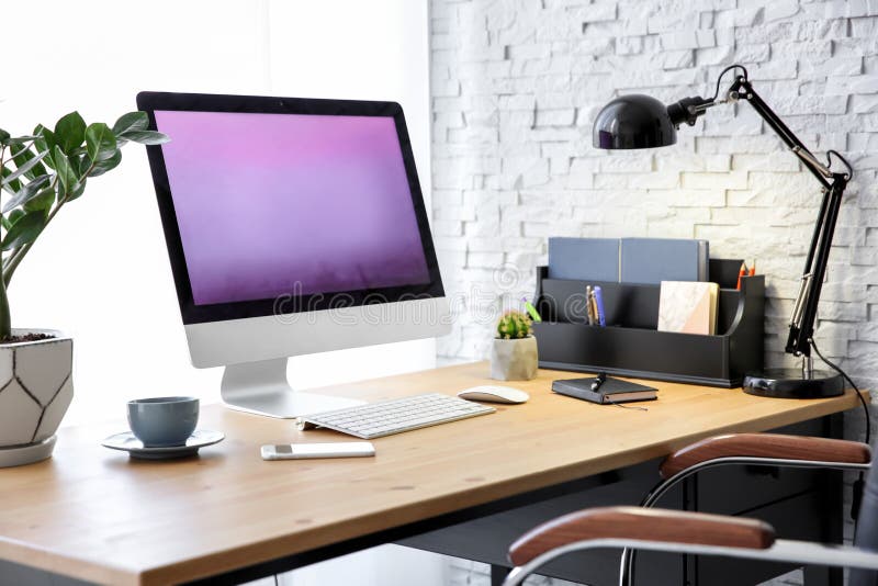 Stylish Workplace with Computer Stock Photo - Image of indoors ...