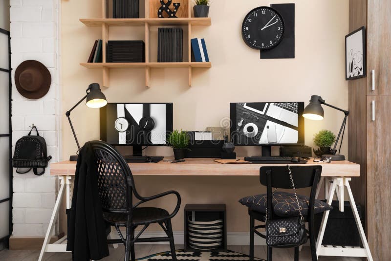 Stylish Workplace Interior with Computers Stock Image - Image of ...