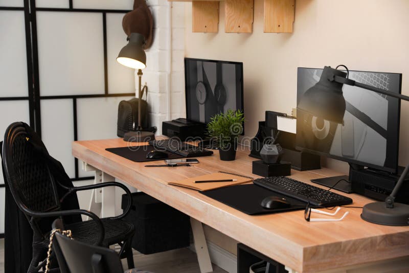 Stylish Workplace Interior with Computers Stock Image - Image of ...