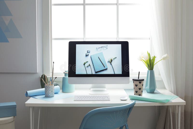 Stylish Workplace Interior with Modern Computer Stock Image - Image of ...